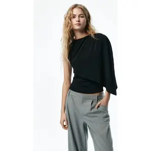 H&m Asymmetrical Cape Detail Jersey Top - Black
