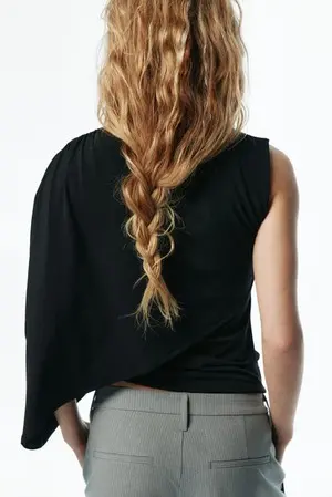 H&m Asymmetrical Cape Detail Jersey Top - Black