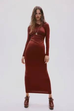 H&m Draped Jersey Maxi Dress With Asymmetric Neckline - Rust Brown