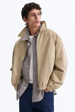 H&m Collared Cotton Twill Zip-up Jacket - Beige