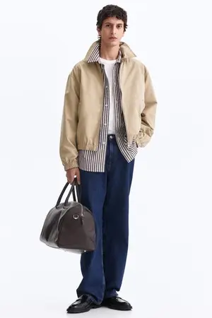 H&m Collared Cotton Twill Zip-up Jacket - Beige