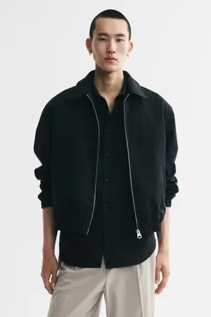 H&M Collared Cotton Twill Zip-up Jacket - Black