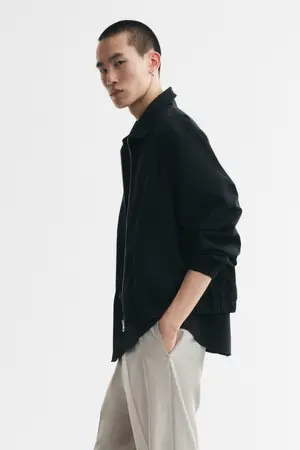 H&M Collared Cotton Twill Zip-up Jacket - Black