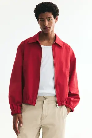 H&M Collared Cotton Twill Zip-Up Jacket Bright Red