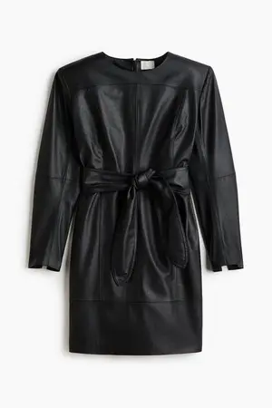 H&m Coated Tie-belt Dress With Voluminous Sleeves
