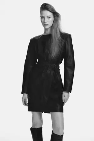 H&m Coated Tie-belt Dress With Voluminous Sleeves