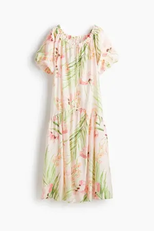 H&m Long Printed Dress With Puff Sleeves - Light Pink/floral