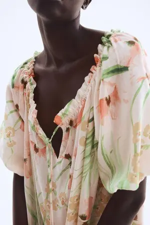 H&m Long Printed Dress With Puff Sleeves