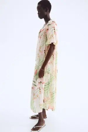 H&m Long Printed Dress With Puff Sleeves