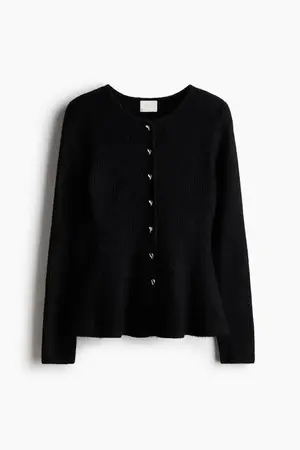 H&m Rib-knit Peplum Cardigan With Metal Buttons - Black