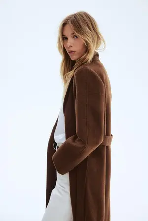 H&m Handmade Wool-blend Coat With Tie Belt - Brown
