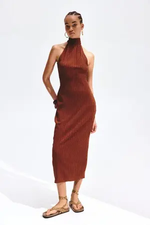 H&m Crinkled Sleeveless Maxi Dress With Stand Collar And Tie Detail