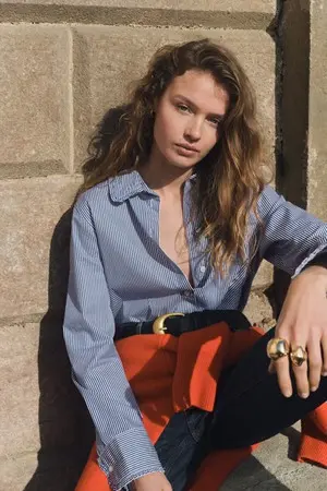 H&m Cotton Poplin Striped Shirt With Ruffle Trim - Blue/striped