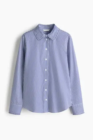 H&m Cotton Poplin Striped Shirt With Ruffle Trim - Blue/striped