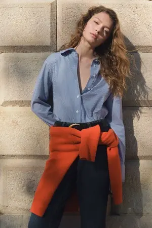 H&m Cotton Poplin Shirt With Frill Trim - Blue/striped