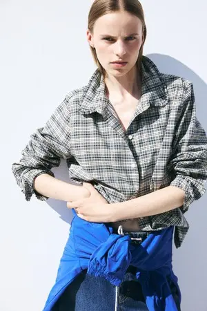 H&M Cotton Poplin Shirt With Frill Trim - Cream/checked
