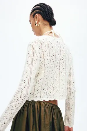 H&m Pointelle-knit Tie-front Cropped Cardigan With Scalloped Edges - Cream