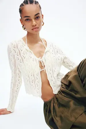 H&m Pointelle-knit Tie-front Cropped Cardigan With Scalloped Edges - Cream