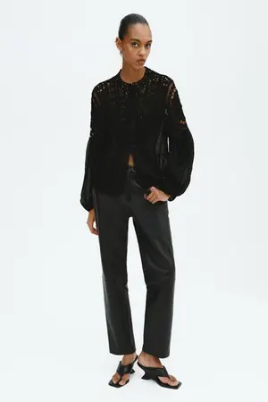 H&m Crochet-look Blouse With Stand Collar And Balloon Sleeves
