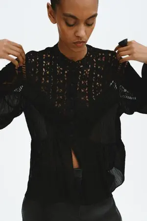H&m Crochet-look Blouse With Stand Collar And Balloon Sleeves