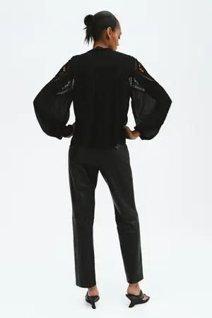 H&m Crochet-look Blouse With Stand Collar And Balloon Sleeves
