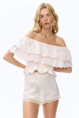H&m Off-the-shoulder Lace Flounce Top - Light Pink