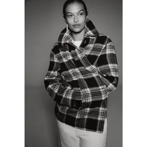 H&M Oversized Checked Coat - Black/plaid
