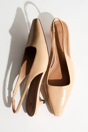 H&m Kitten-heeled Slingbacks With Chisel Toes - Beige