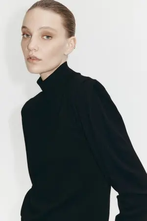 H&m Fine-knit Turtleneck Top With Shoulder Pleats - Black