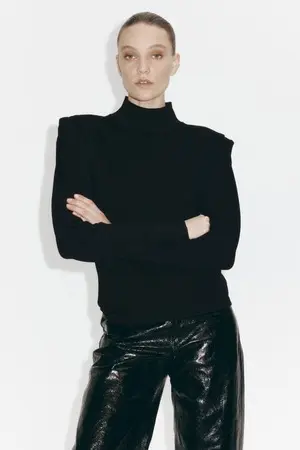 H&m Fine-knit Turtleneck Top With Shoulder Pleats - Black