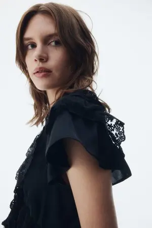H&m Flounce-trimmed Satin Blouse With Lace Detail