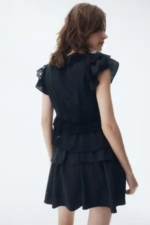 H&m Flounce-trimmed Satin Blouse With Lace Detail