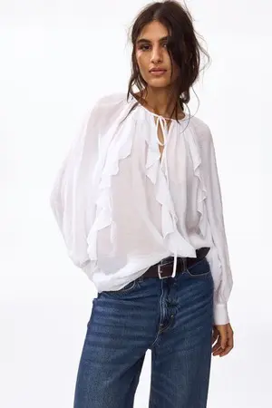 H&m Oversized Blouse With Flounce Trim