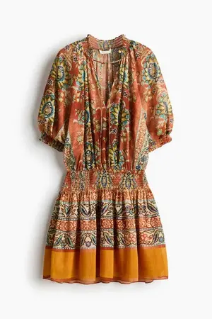 H&m Oversized Tunic Dress With Smocked Neckline And Cuffs - Burnt Orange/patterned