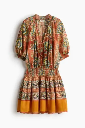 H&m Oversized Tunic Dress With Smocked Neckline And Cuffs - Burnt Orange/patterned