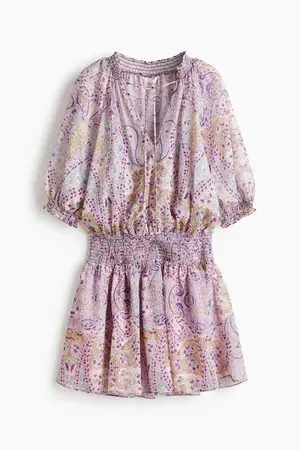 H&m Oversized Tunic Dress With Smocked Neckline And Cuffs - Light Pink/patterned