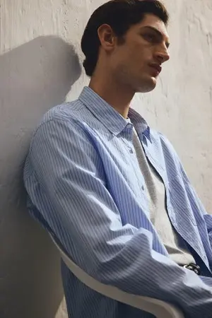H&m Loose Fit Poplin Shirt - Light Blue/striped