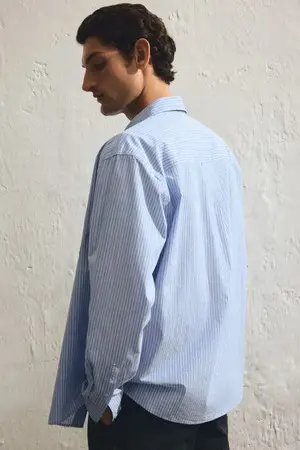 H&m Loose Fit Poplin Shirt - Light Blue/striped