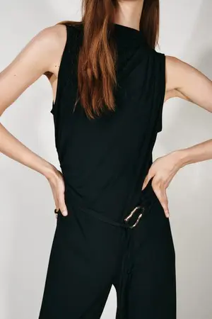 H&m Sleeveless Draped Jumpsuit With Tie Belt