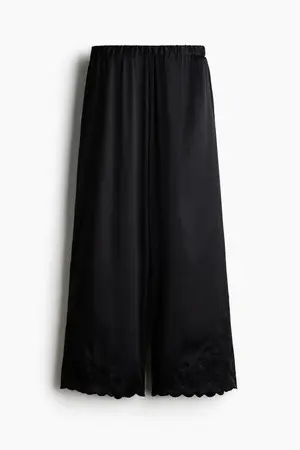 H&m Embroidered Satin Wide-leg Trousers