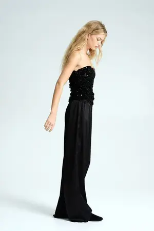 H&m Embroidered Satin Wide-leg Trousers