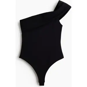 H&m Asymmetric Off-the-shoulder Thong Bodysuit In Ponte Di Roma Jersey - Black