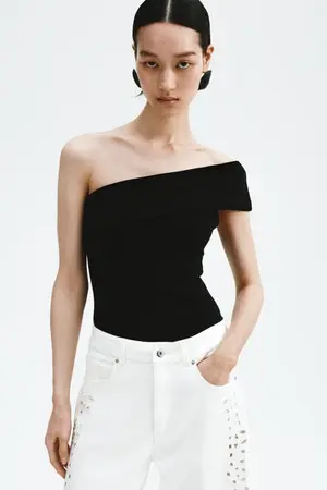 H&m Asymmetric Off-the-shoulder Thong Bodysuit In Ponte Di Roma Jersey - Black
