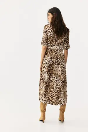 H&m Leopard Print Collared Midi Shirt Dress With Tie Belt