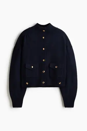 H&m Oversized Ribbed Cardigan With Press-stud Pockets - Navy Blue