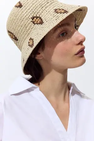 H&m Braided Paper Straw Bucket Hat With Sloping Brim - Beige/leopard Print