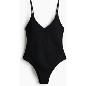 H&m Textured V-neck High-leg Swimsuit - Black