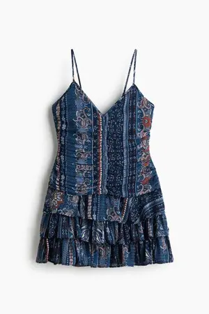 H&m Flared Skirt Strappy Dress - Dark Blue/patterned
