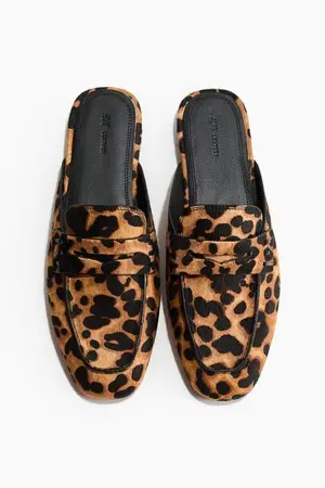 H&m Leather Loafer Mules With Napped Finish - Beige/leopard Print