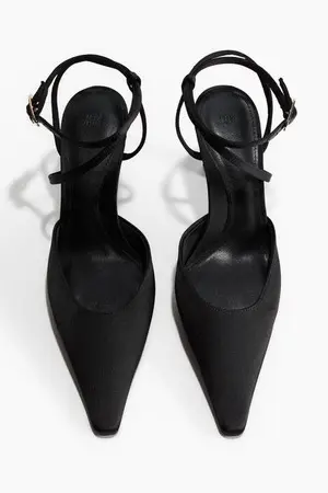 H&m Pointed Satin Court Shoes With Ankle Strap - Black